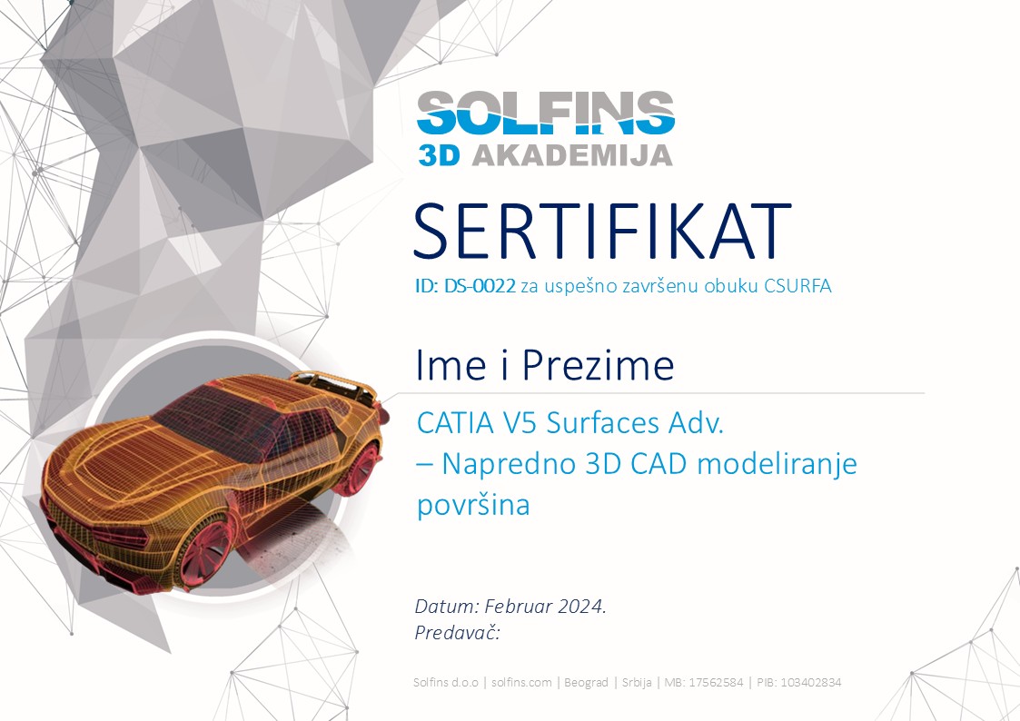 CATIA V5 SURFACE DESIGN EXPERT - Napredna obuka za 3D modeliranje površina u CATIA V5 (CSURFA ...